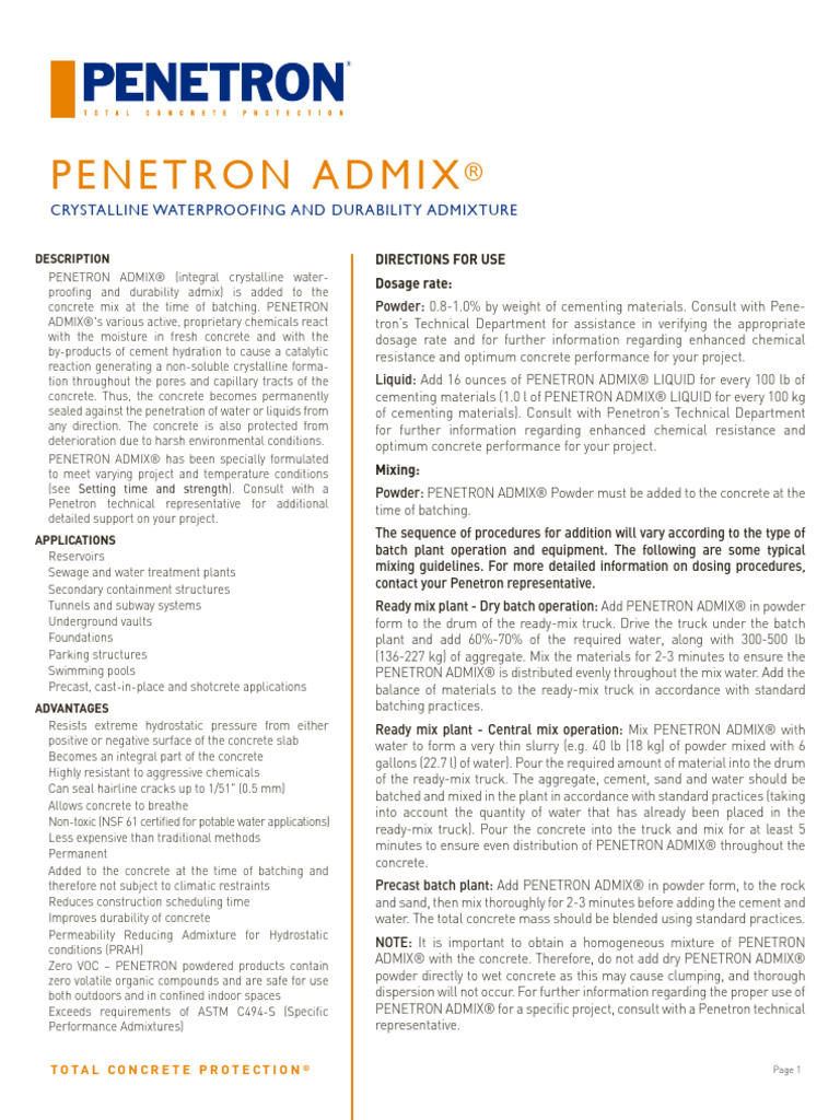 Penetron Admix Data Sheet 2023 | PDF | Concrete | Water