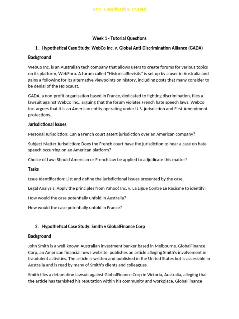 Week 1 Tutorial Question | PDF | Jurisdiction | Defamation