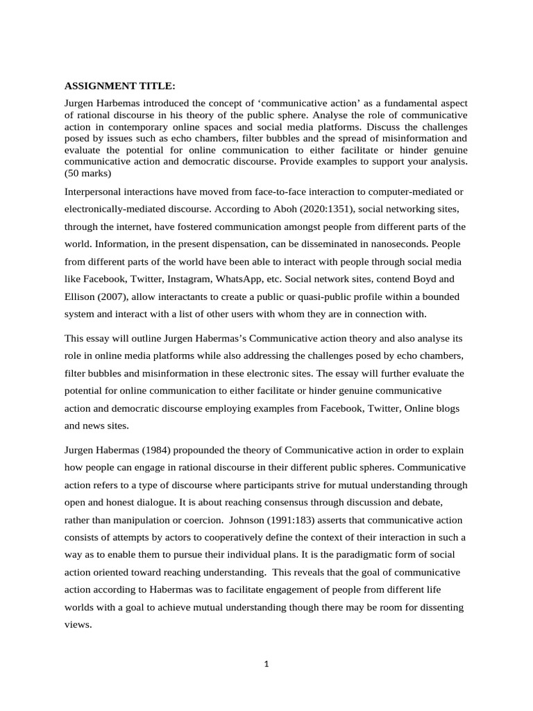 Communicative Action Assignment | PDF | Rationality | Jürgen Habermas