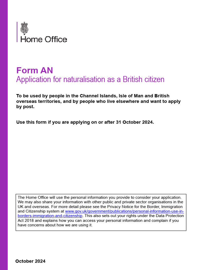 British Citizenship Application Form AN | PDF | Passport | Naturalization