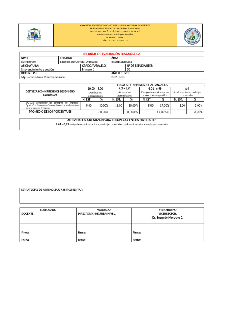 EVAL - DIAGNÓSTICA 1ero BGU C Eg | PDF | Cognición