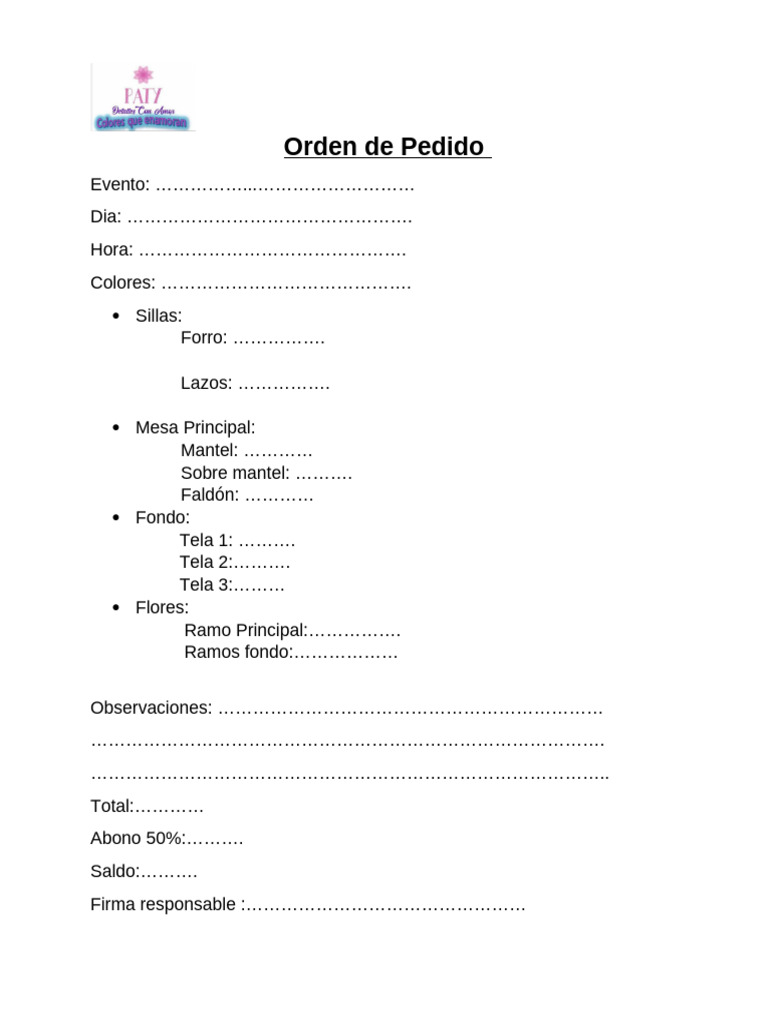 Orden de pedido-EVENTOS - PATRICIA | PDF