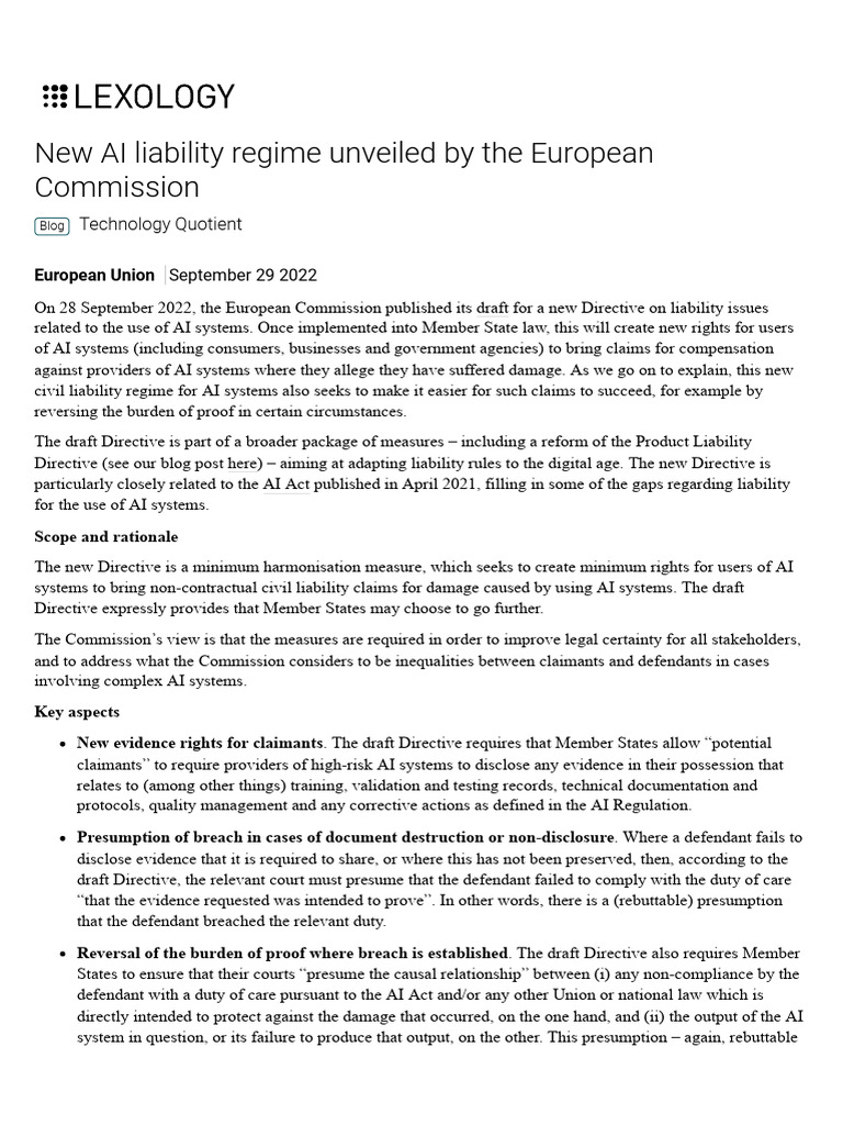 New AI Liability Regime Unveiled by The European Commission - Lexology ...