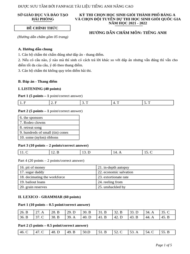 Huong Dan Cham Anh HSG Bang A 2122 | PDF | Grammar | Vocabulary