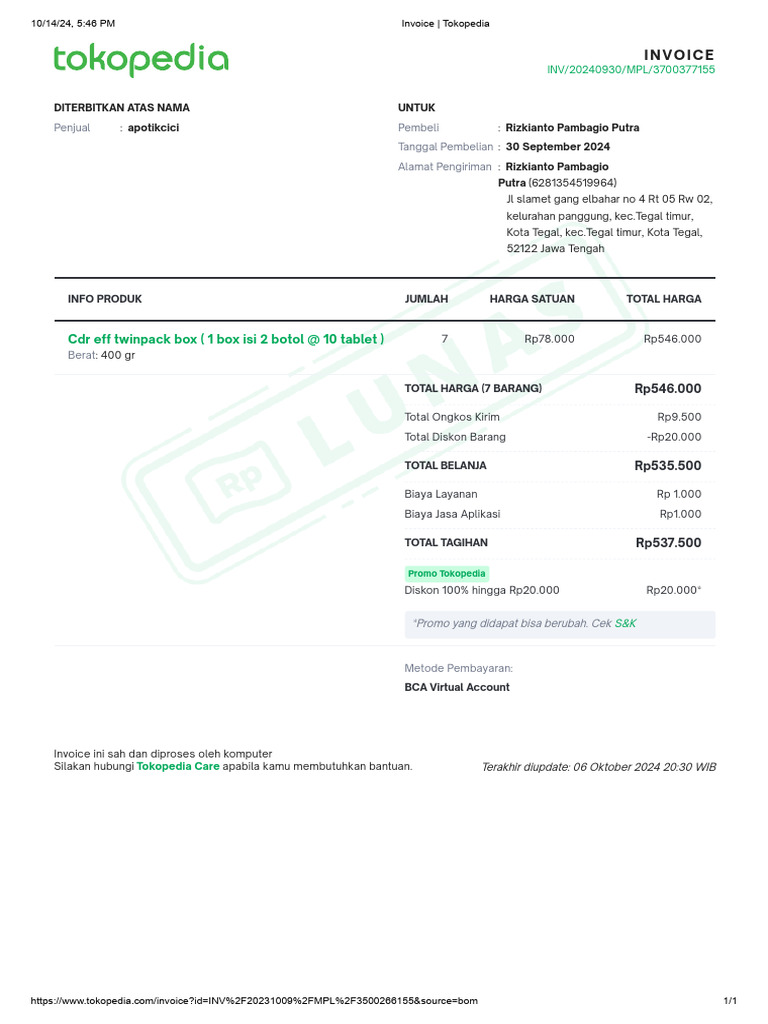 Invoice - Tokopedia | PDF