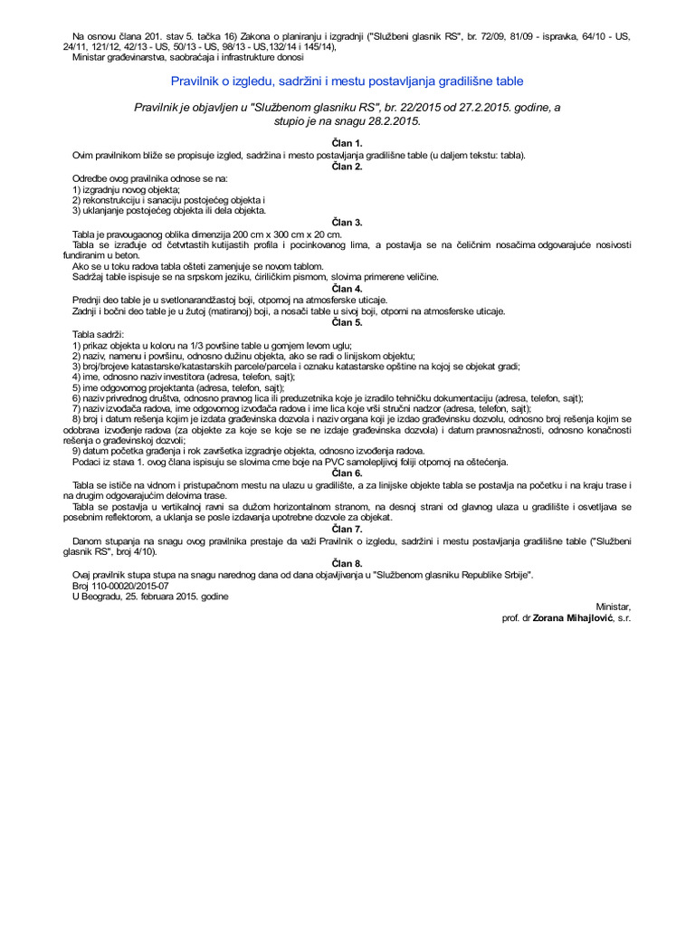Pravilnik o Izgledu Sadrzini I Mestu Postavljanja Gradilisne Table | PDF