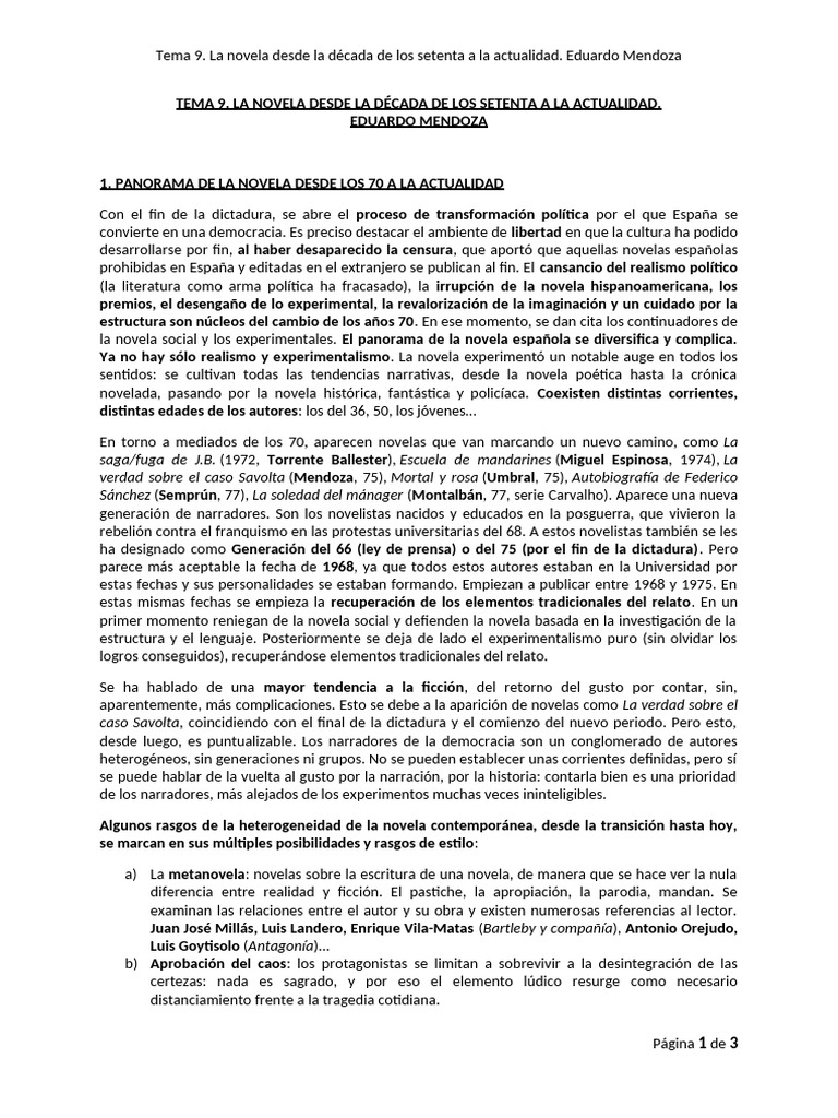 TEMA 9. La Novela Desde La Década de Los Setenta A La Actualidad ...