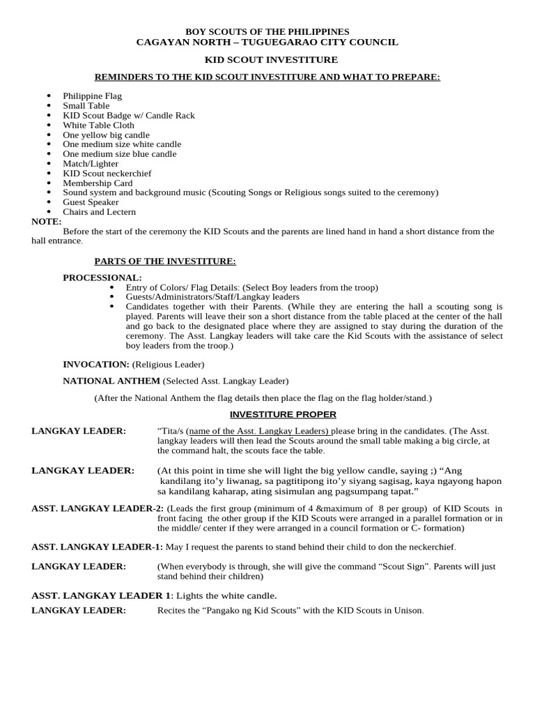 Kid Scouts Investiture-Script | PDF | Outdoor Recreation Organizations ...