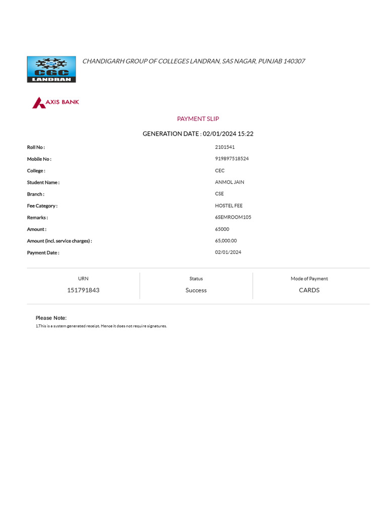 Hostel Fee Payment Receipt - CEC | PDF
