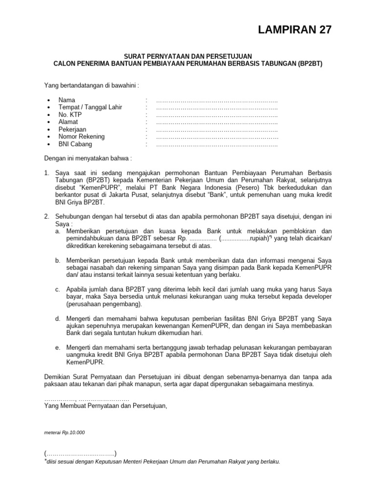 Lampiran 27 Surat Pernyataan Persetujuan Calon Debitur BNI Griya BP2BT ...