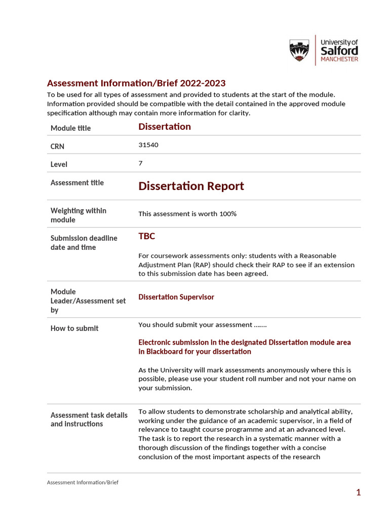 Assessment Brief MSC Dissertation 2023 - Tagged | PDF | Thesis ...