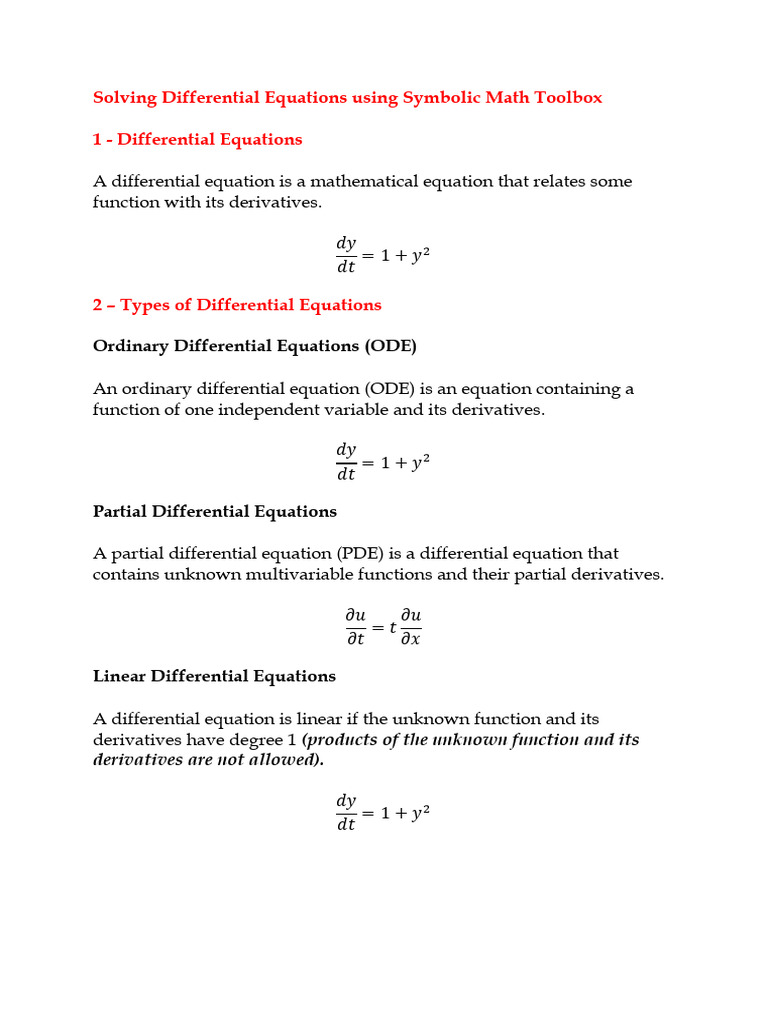 Solving Differential Equations Using Symbolic Math Toolbox | PDF