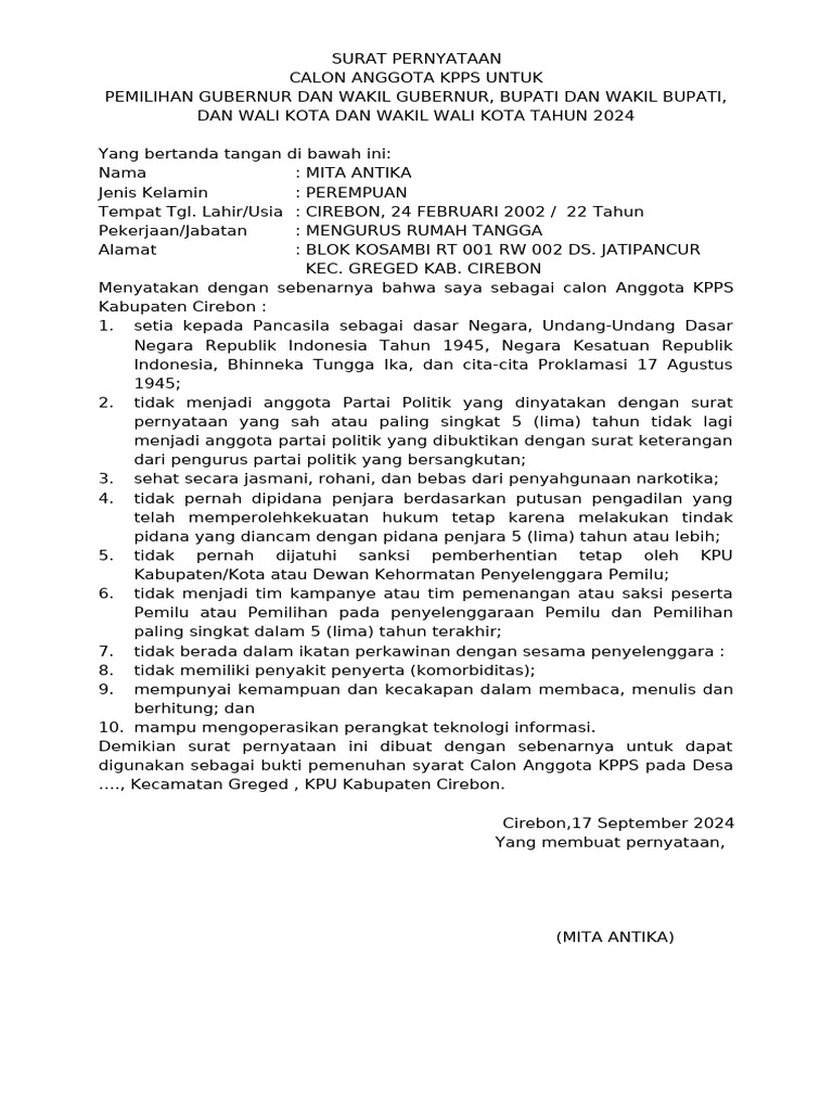 Surat Pernyataan KPPS | PDF | Hukum