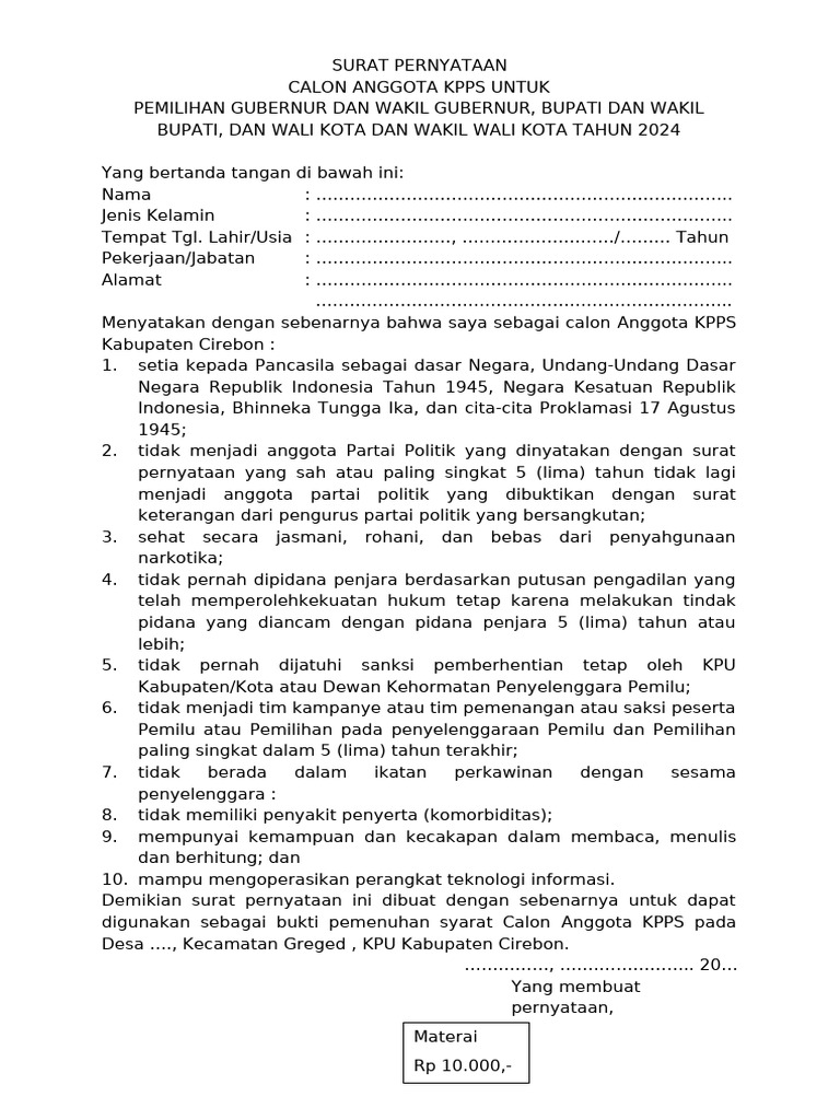 Surat Pernyataan KPPS | PDF