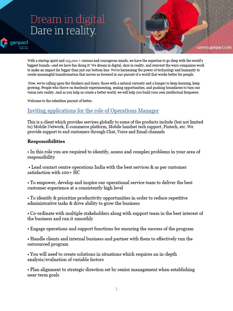 JD Operations Manager Genpact IMI New Delhi | PDF | Mindset | Performance Indicator