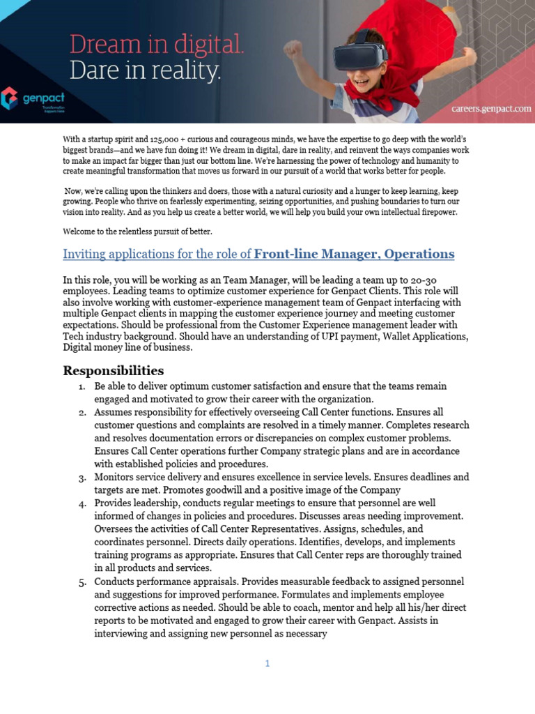 JD - Front Line Manager-Operations - Genpact - IMI New Delhi | PDF ...