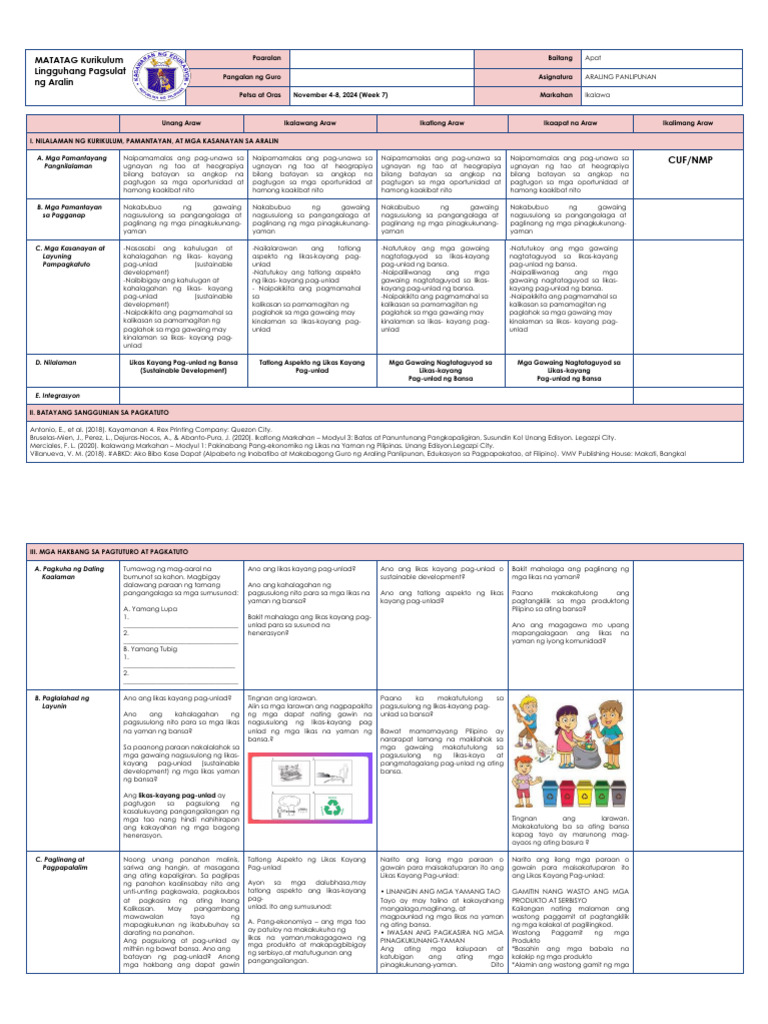 MATATAG Kurikulum Lingguhang Pagsulat NG Aralin: Cuf/Nmp | PDF