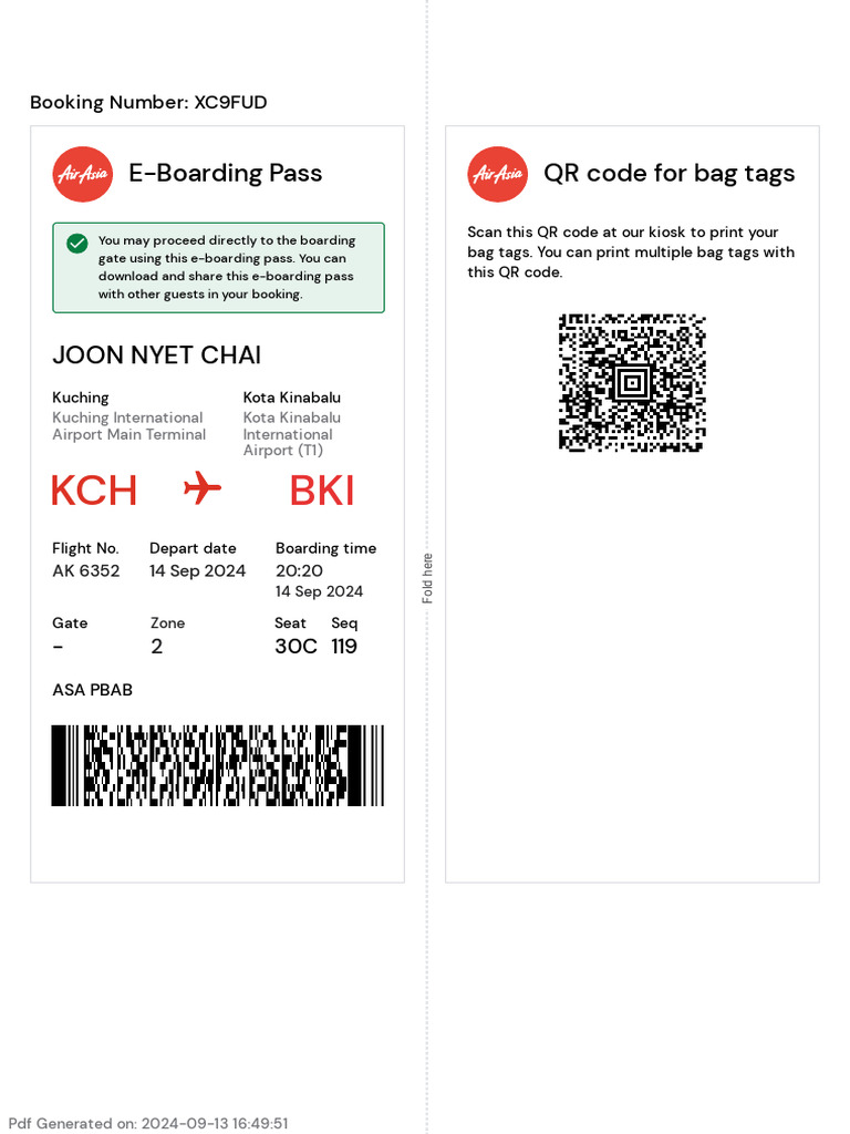 E-Boarding Pass QR Code For Bag Tags: Booking Number: XC9FUD | PDF