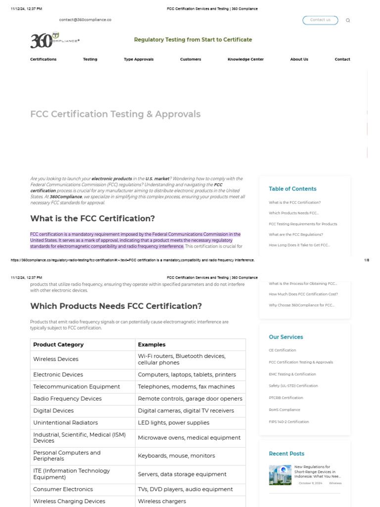 FCC Certification Services and Testing - 360 Compliance | PDF | Federal ...
