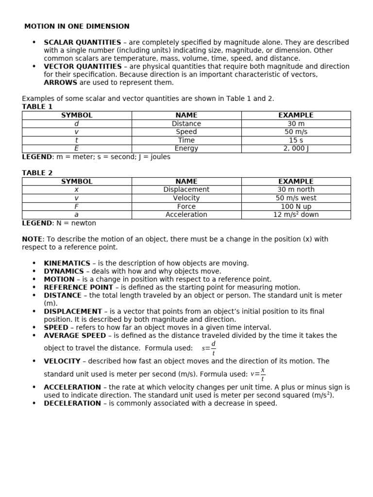 MOTION IN ONE DIMENSION Notes | PDF | Velocity | Acceleration