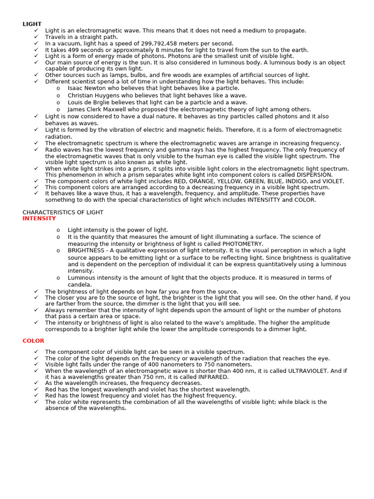 LIGHT Notes | PDF | Light | Electromagnetic Spectrum