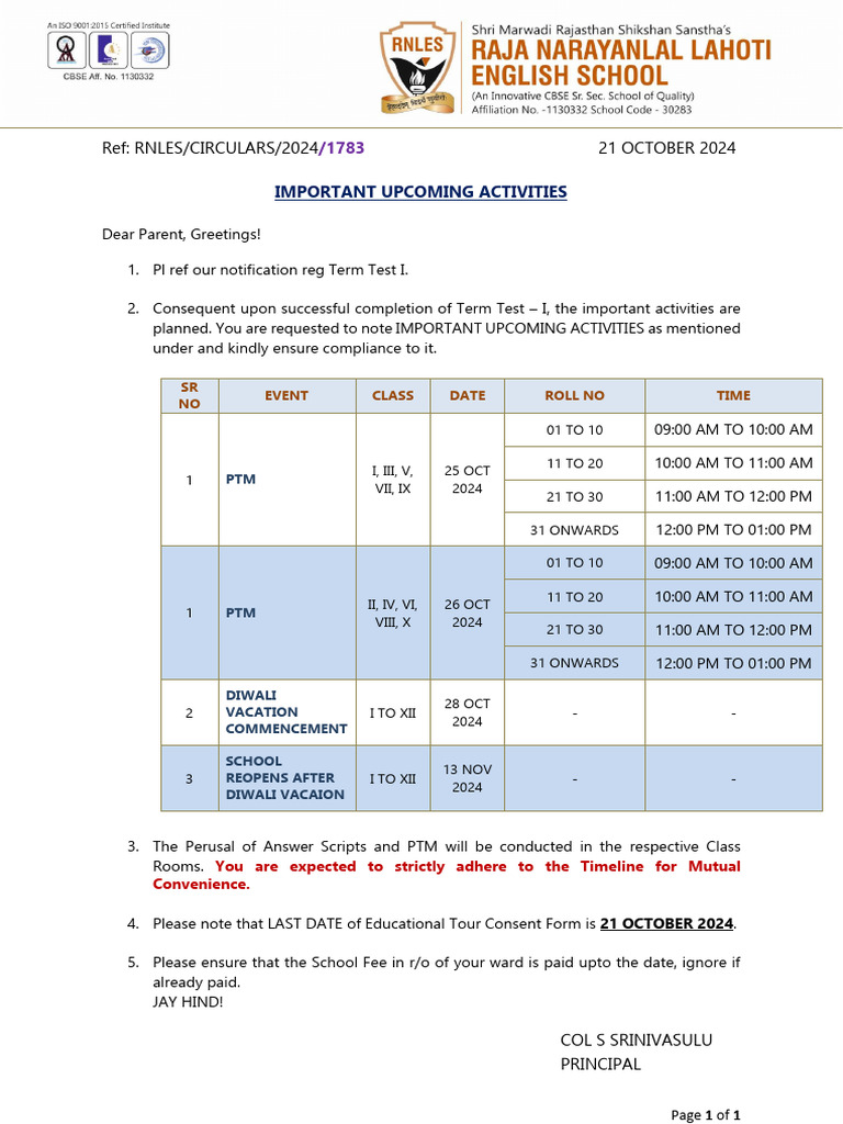 Important Upcoming School Activities 2024 | PDF