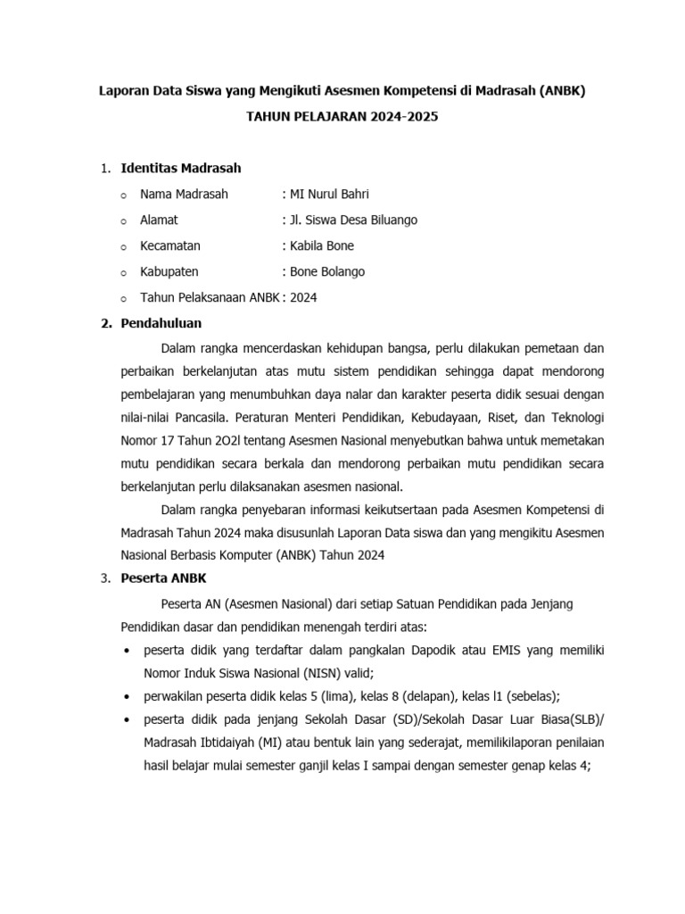 Laporan Data Siswa Yang Mengikuti Asesmen Kompetensi Di Madrasah (ANBK ...