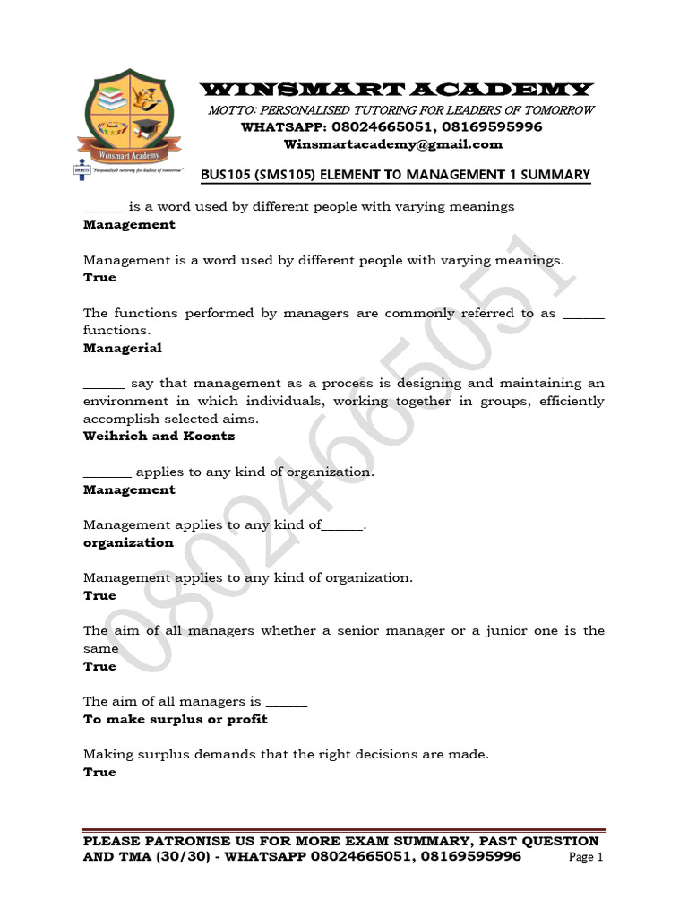 Bus105 (Sms105) Element To Management 1 Summary 08024665051 | PDF | Partnership | Forecasting