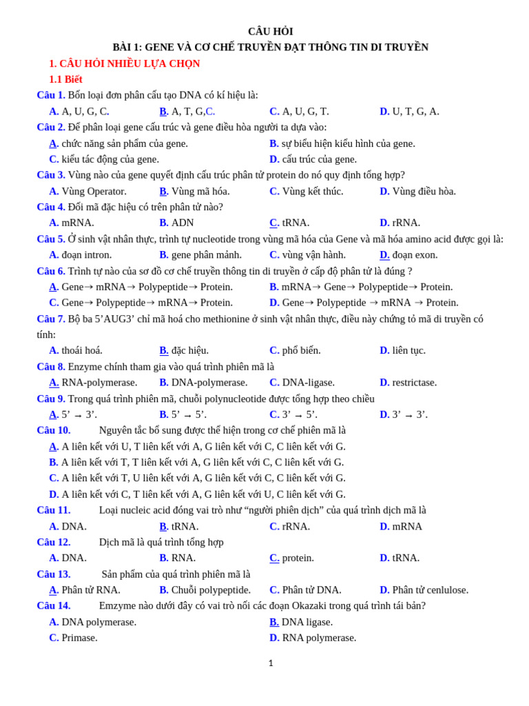 Trac Nghiem Sinh 12 GK 1 | PDF