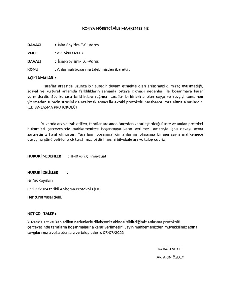 Anlasmali Bosanma Dava Dilekcesi Ornegi | PDF