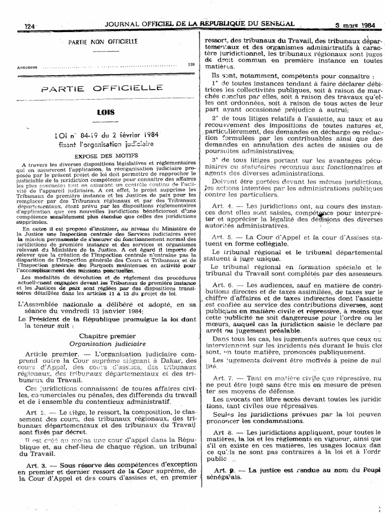 Loi N°84-19 Du 2 Fevrier 1984 Fixant L Organisation Judiciaire | PDF