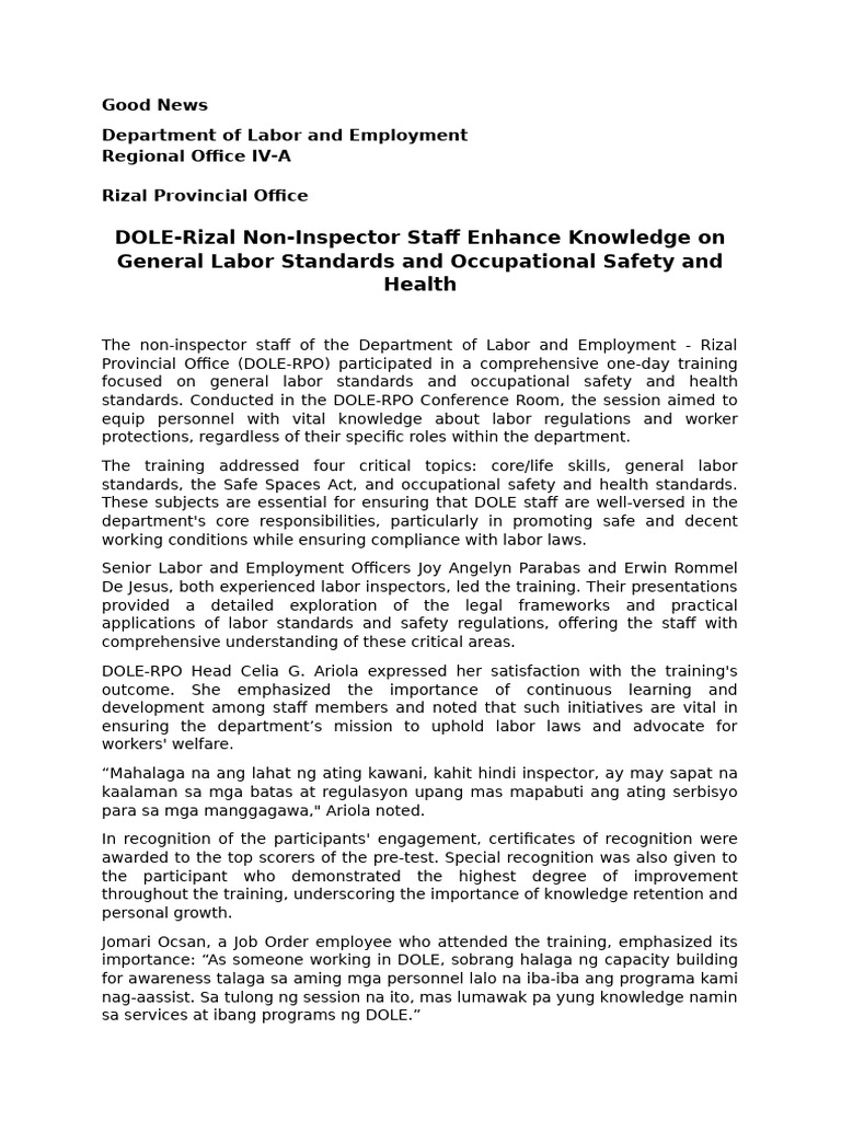 DOLE-Rizal Staff Training Boosts Skills | PDF | Occupational Safety And ...
