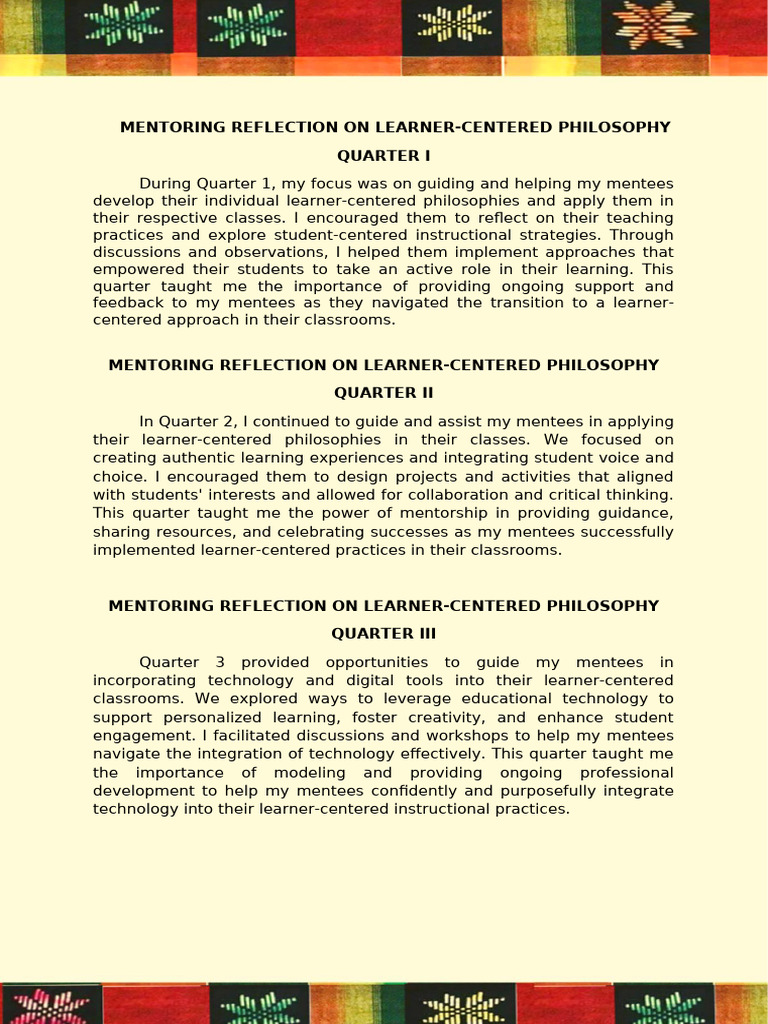 Mentoring Reflection On Learner Centered Philosophy Mti Iv Sample | PDF | Mentorship | Learning