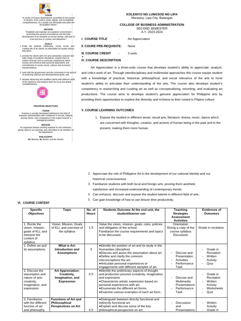 Ge 106 Art Appreciation Syllabus - Second Semester - A.Y. 2023 2024 | PDF | The Arts | Liberal ...