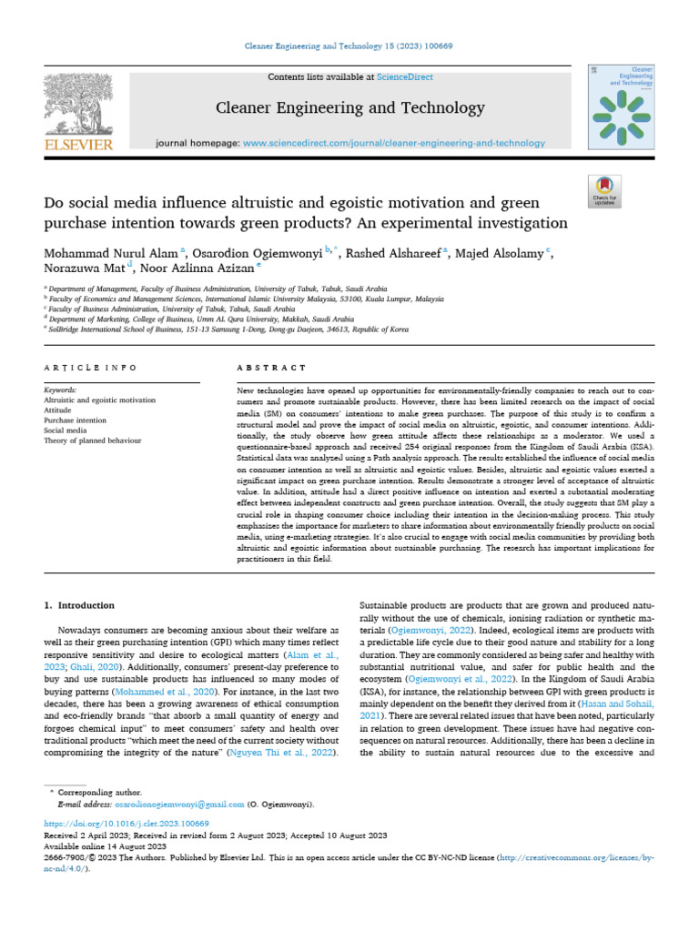 Cleaner Engineering and Technology | PDF | Factor Analysis | Motivation