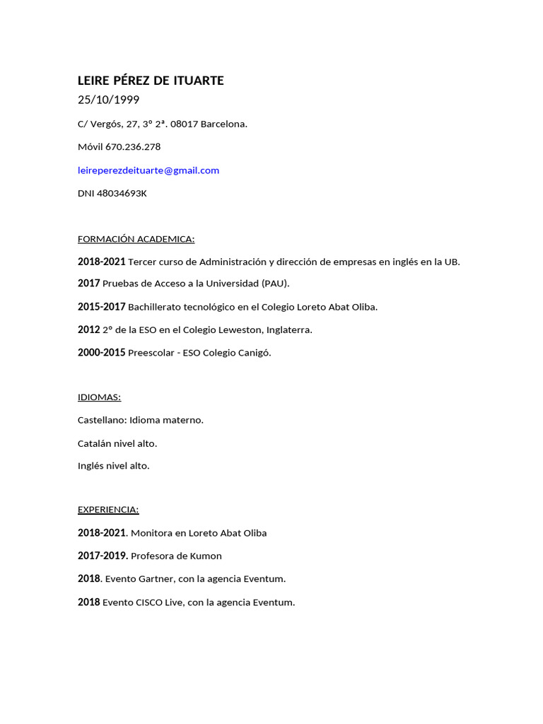 CV Leire Pérez de Ituarte. | PDF | Ciencias sociales