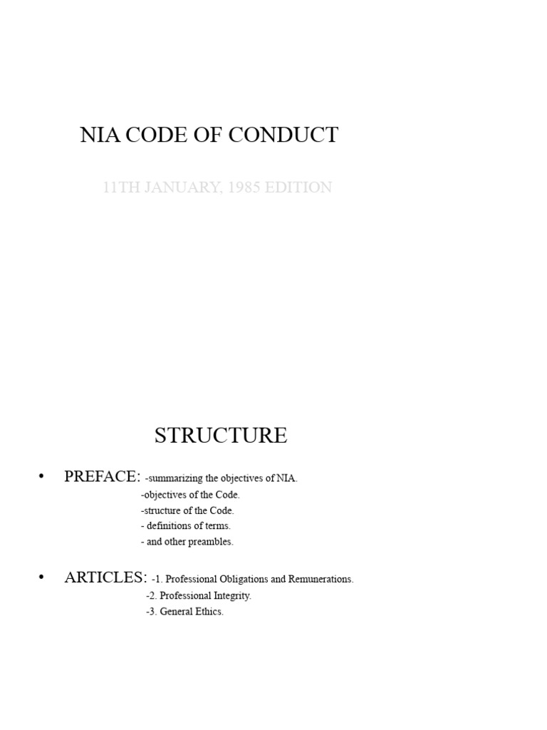 Summary & Simple Read of Nia Code of Conduct | PDF | Architect | Justice