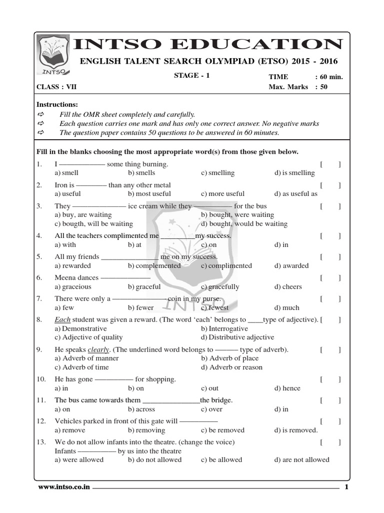 INTSO ETSO Class 7 Question Paper 2015 16 | PDF | Adverb | Linguistic ...