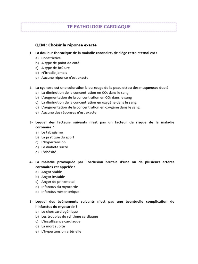 QCM sur la pathologie cardiaque | PDF | Infarctus du myocarde | Cœur