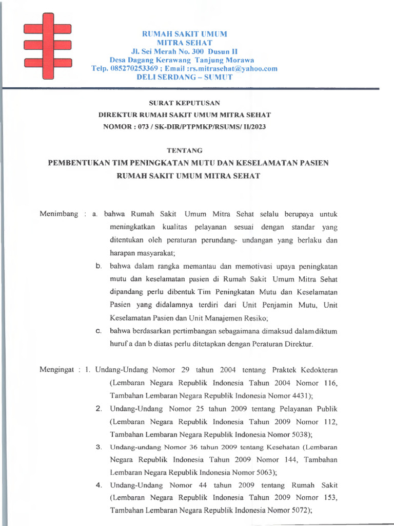 Pembentukan Tim Keselamatan Pasien RS Mitra Sehat | PDF | Kesehatan ...