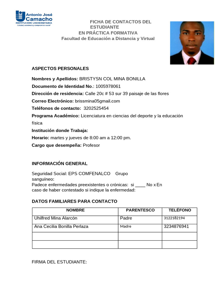 Copia de FICHA DE CONTACTOS DEL ESTUDIANTE (Estarlin) - 1 | PDF
