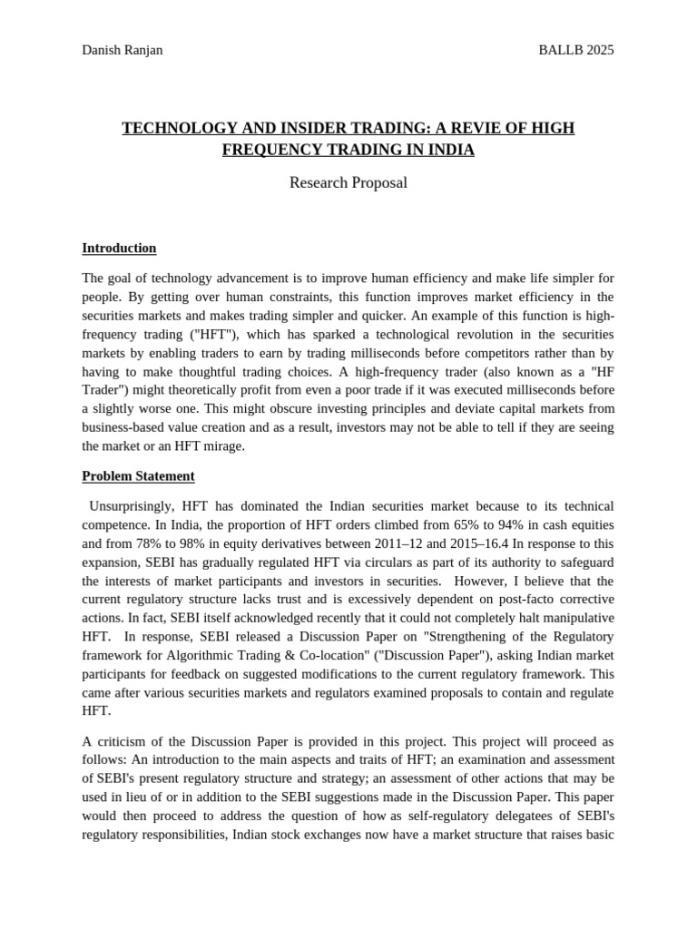 HFT Research Proposal - Danish Ranjan | PDF | High Frequency Trading | Algorithmic Trading