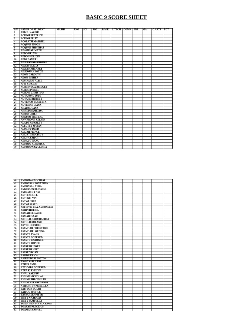 Basic 9 Score Sheet 2024 New | PDF