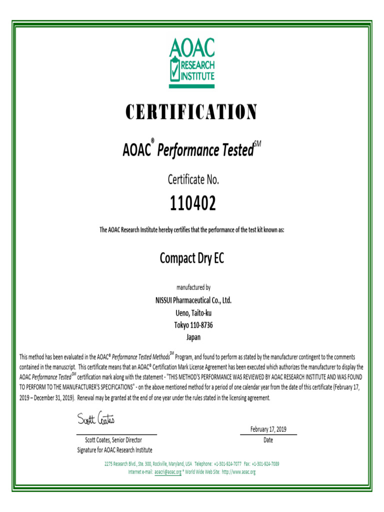AOAC Research Institute Performance Tested Method - Certificate #110402 ...