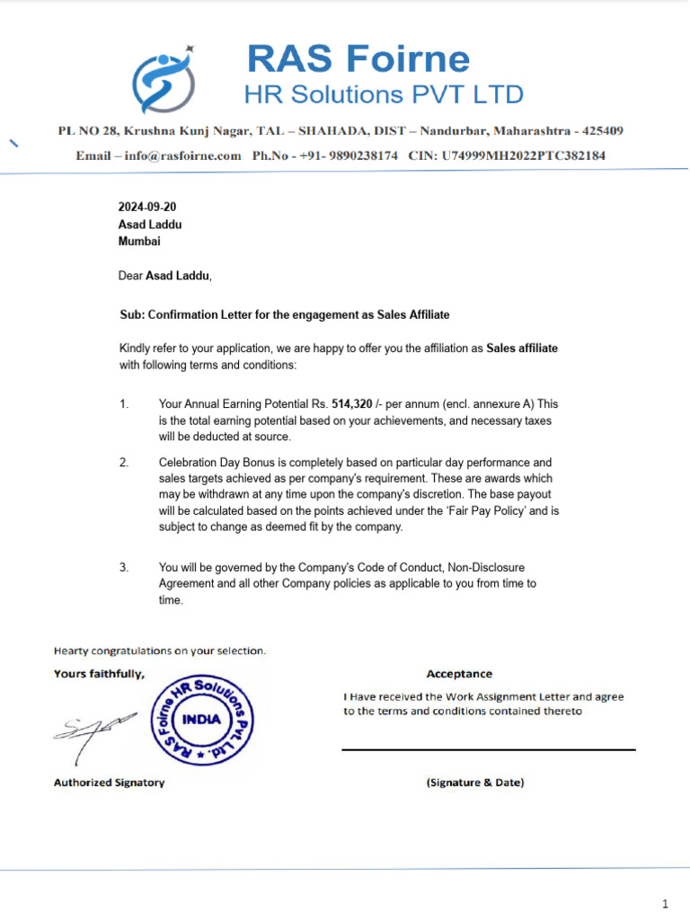Offer Letter Asad Laddu 5960 v1 | PDF | Private Law | Business Law