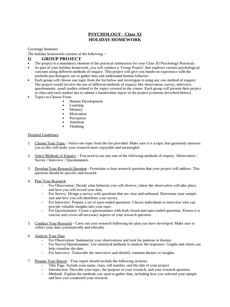 Class XI Psychology Group Project Guide | PDF | Survey Methodology ...