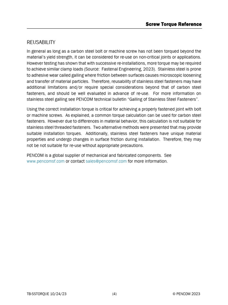 Screw Torque A4 | PDF