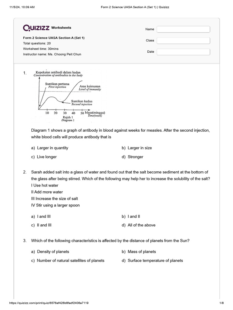 Form 2 Science UASA Section A (Set 1) - Quizizz | PDF | Mercury (Planet ...