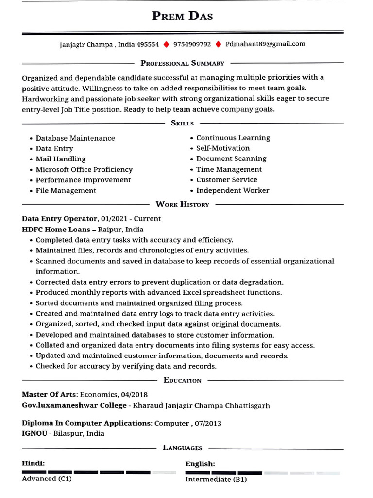 Data Entry Operator Resume Overview | PDF