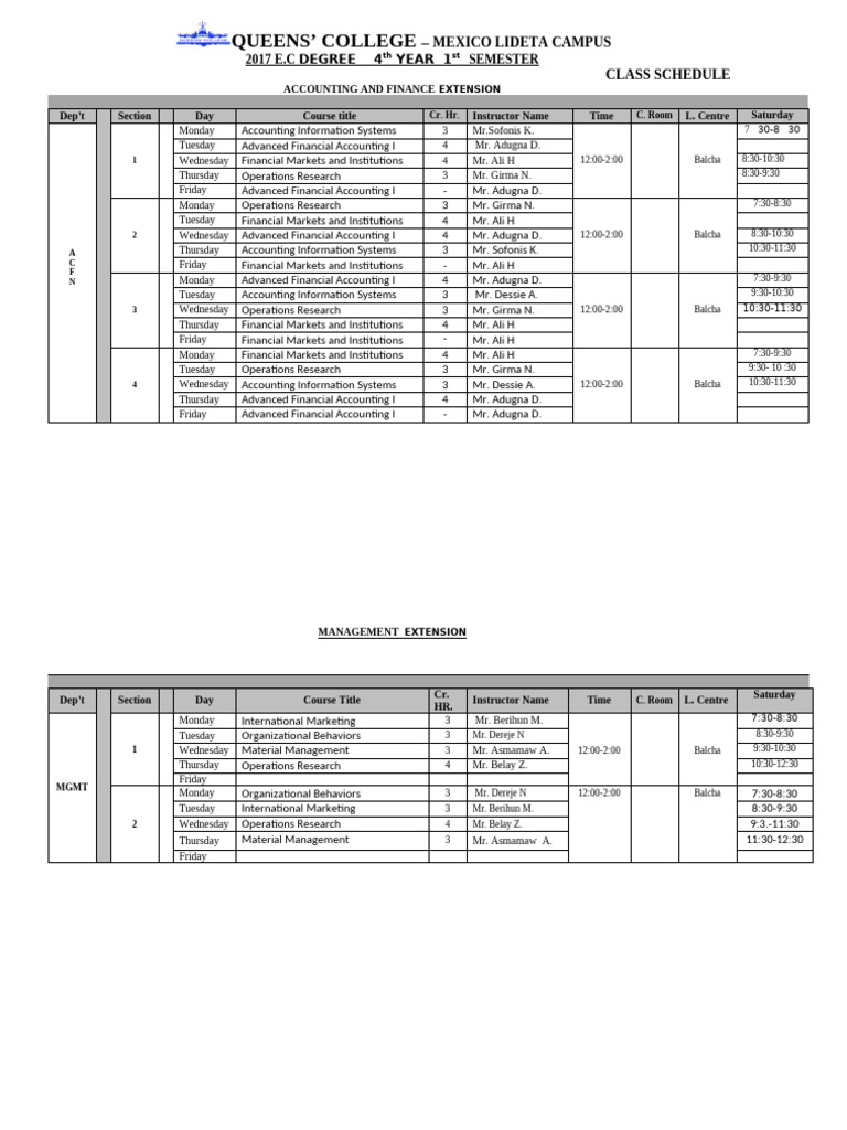 Queens' College 4th Year Class Schedule | PDF
